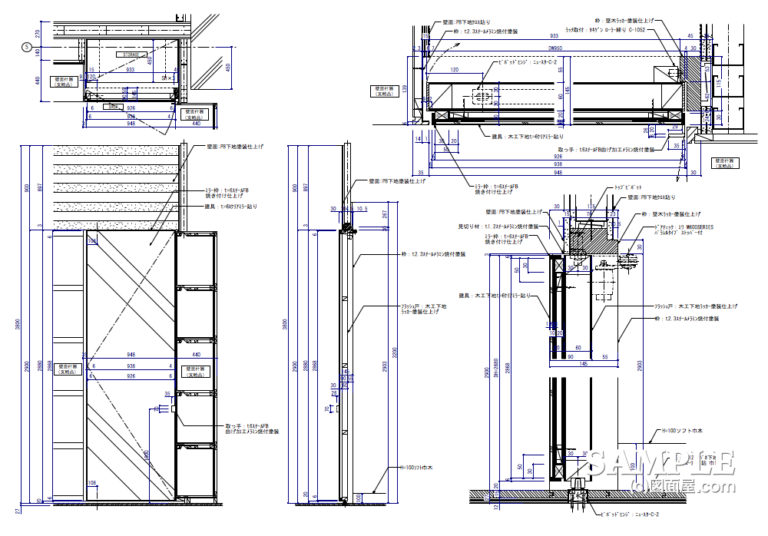 《建具図019》ピボットヒンジを使用したミラー貼り木製建具の作図事例 ｜ 図面屋com 店舗設計詳細図「虎の巻」